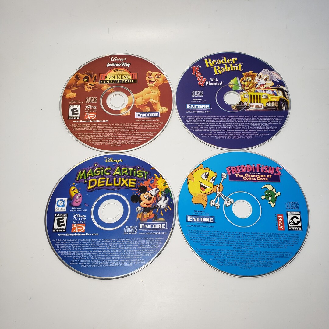 4 Disc Encore Kids Computer Games Freddi Fish 5,mickey Magic Artist ...