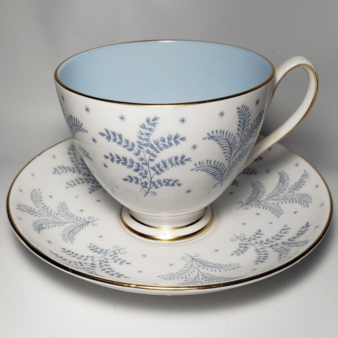 Queen Anne Fernleigh Teacup and Saucer, Blue Gray Ferns on White ...