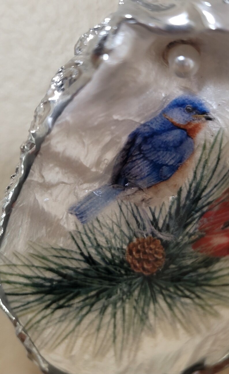 Blue Christmas Bird: Decoupaged Oyster Shell - Etsy