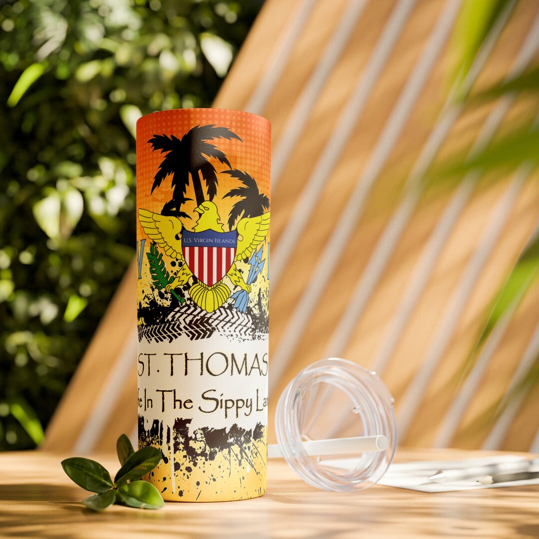 ST. Thomas U.S.V.I. Tropical Palms Splash Skinny Tumbler With Straw ...
