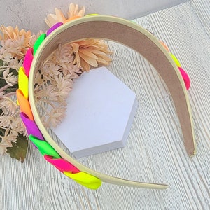 Colorful Retro 80's Vibe Satin Wide Headband With Neon Matte Chunky ...