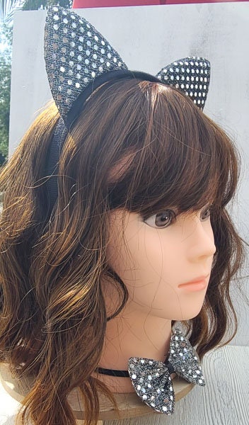 Halloween Costume Cosplay Sequin Style Silver/black Cat Ears Headband ...