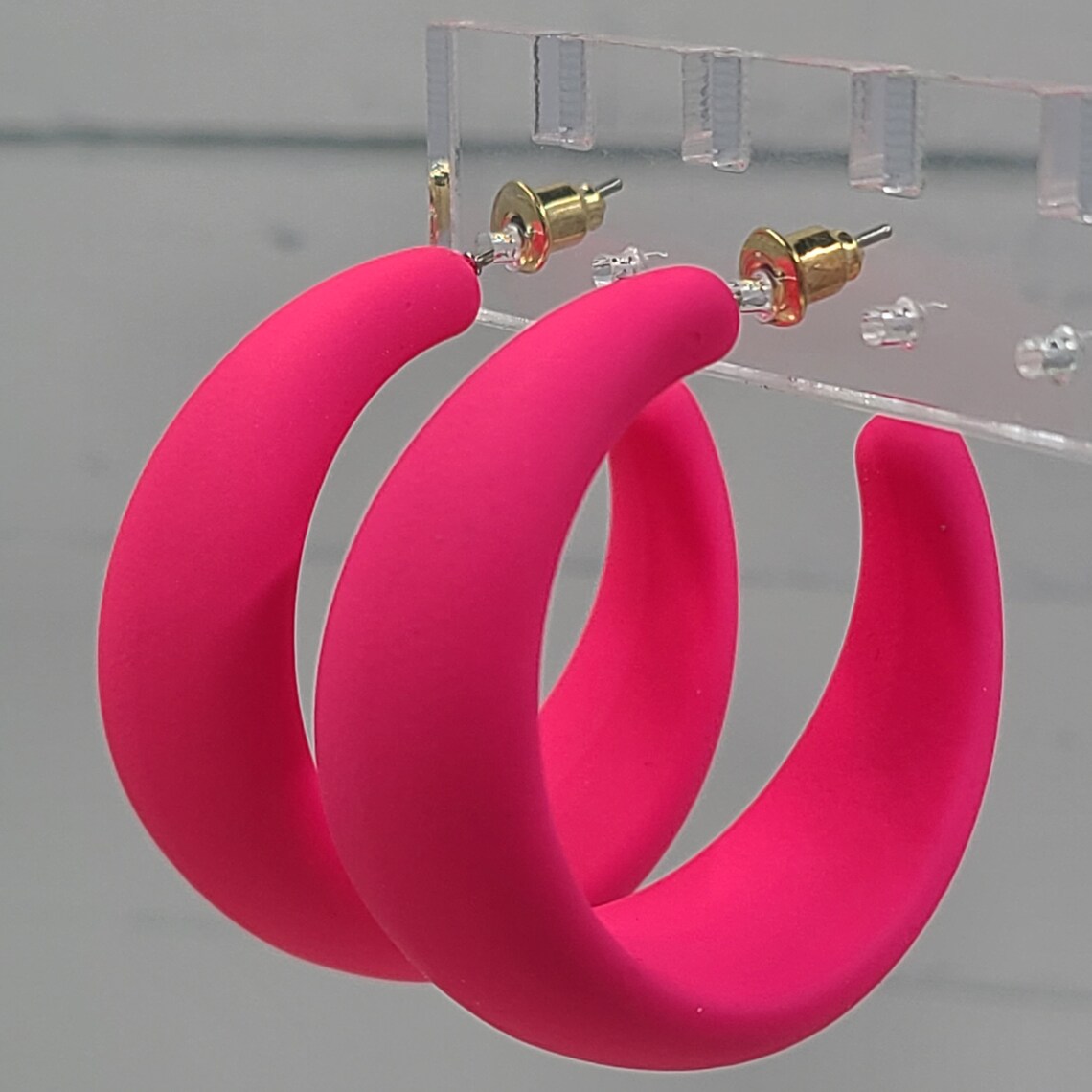 Neon Pink 80's Retro Smooth Matte Texture 1.5 Semi Wide Fashion Hoop ...
