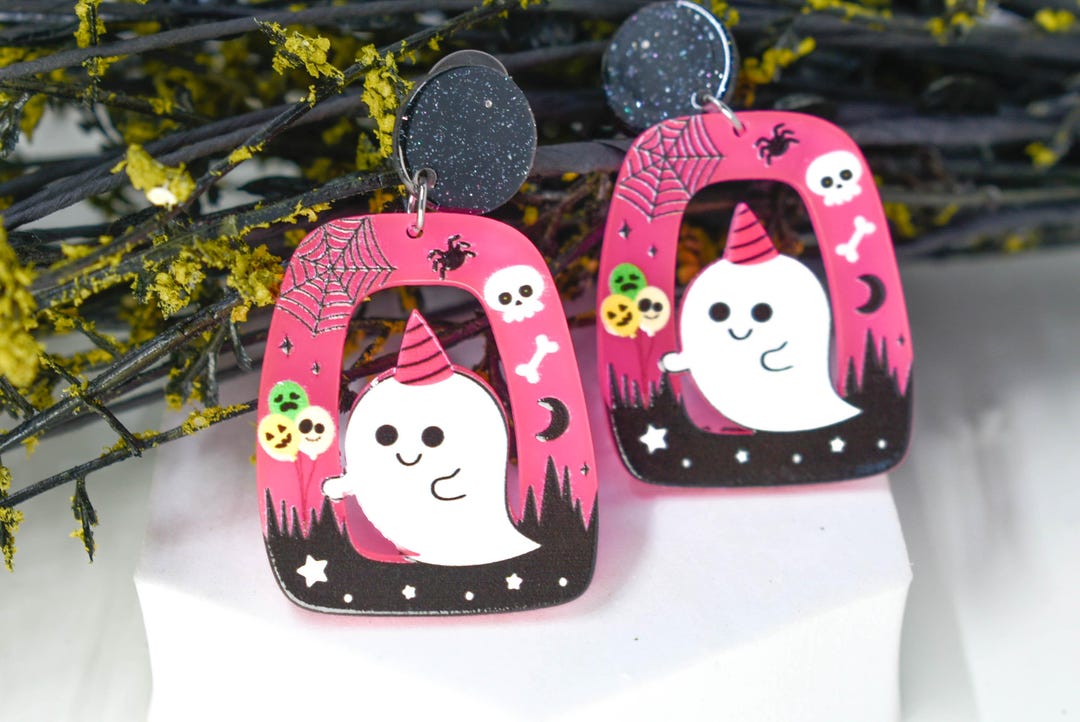 Abstract Shape Halloween Cute Ghost Glitter Acrylic Neon Pink Holiday ...