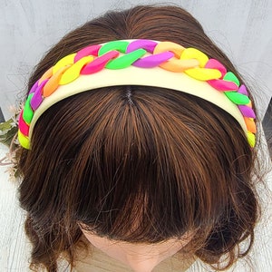 Colorful Retro 80's Vibe Satin Wide Headband With Neon Matte Chunky ...