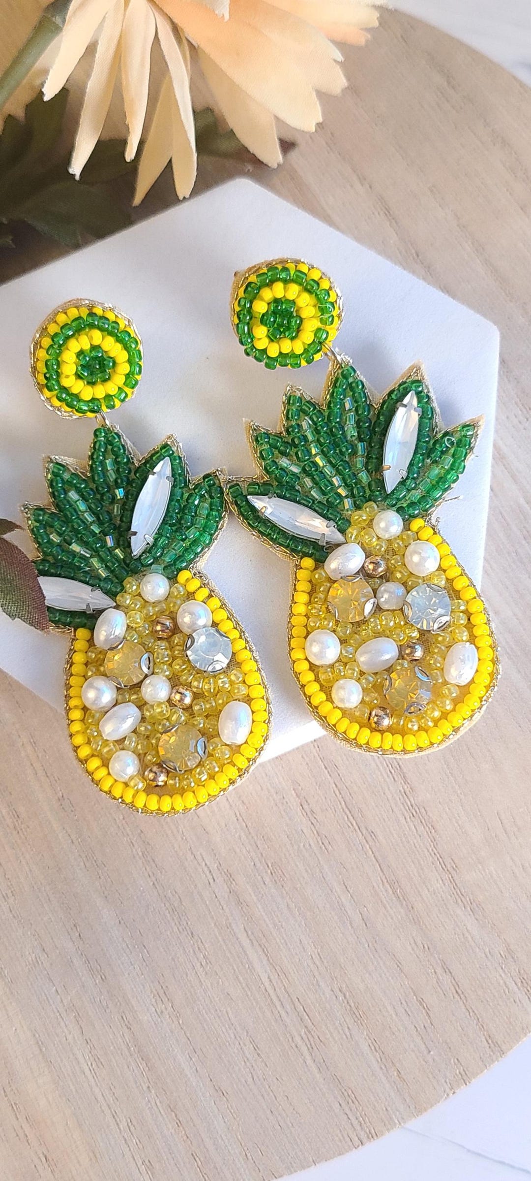 Fun Tropical Large Seed Bead Yellow Pineapple Dangle Felt Earrings Summer Beach Vacation Sun ...