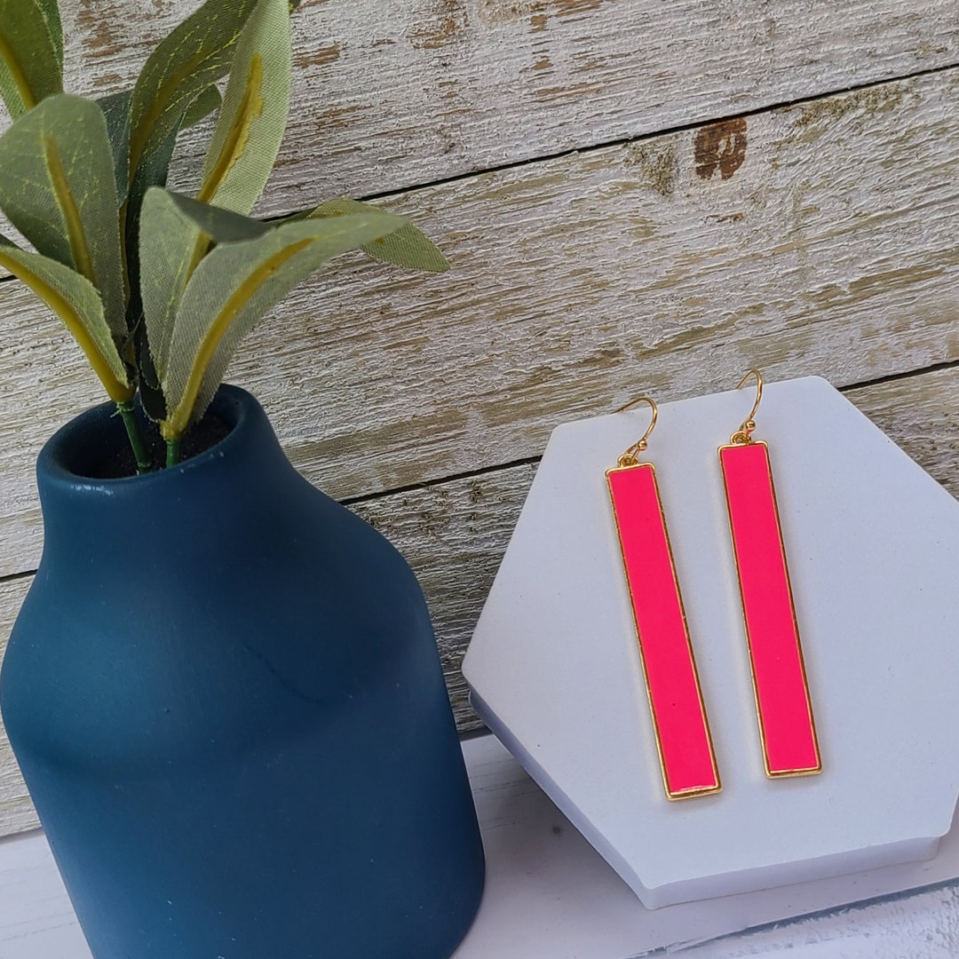 Neon Pink 80's Retro Metal Dangle Bar Earrings 2" Drop Women's Jewelry ...