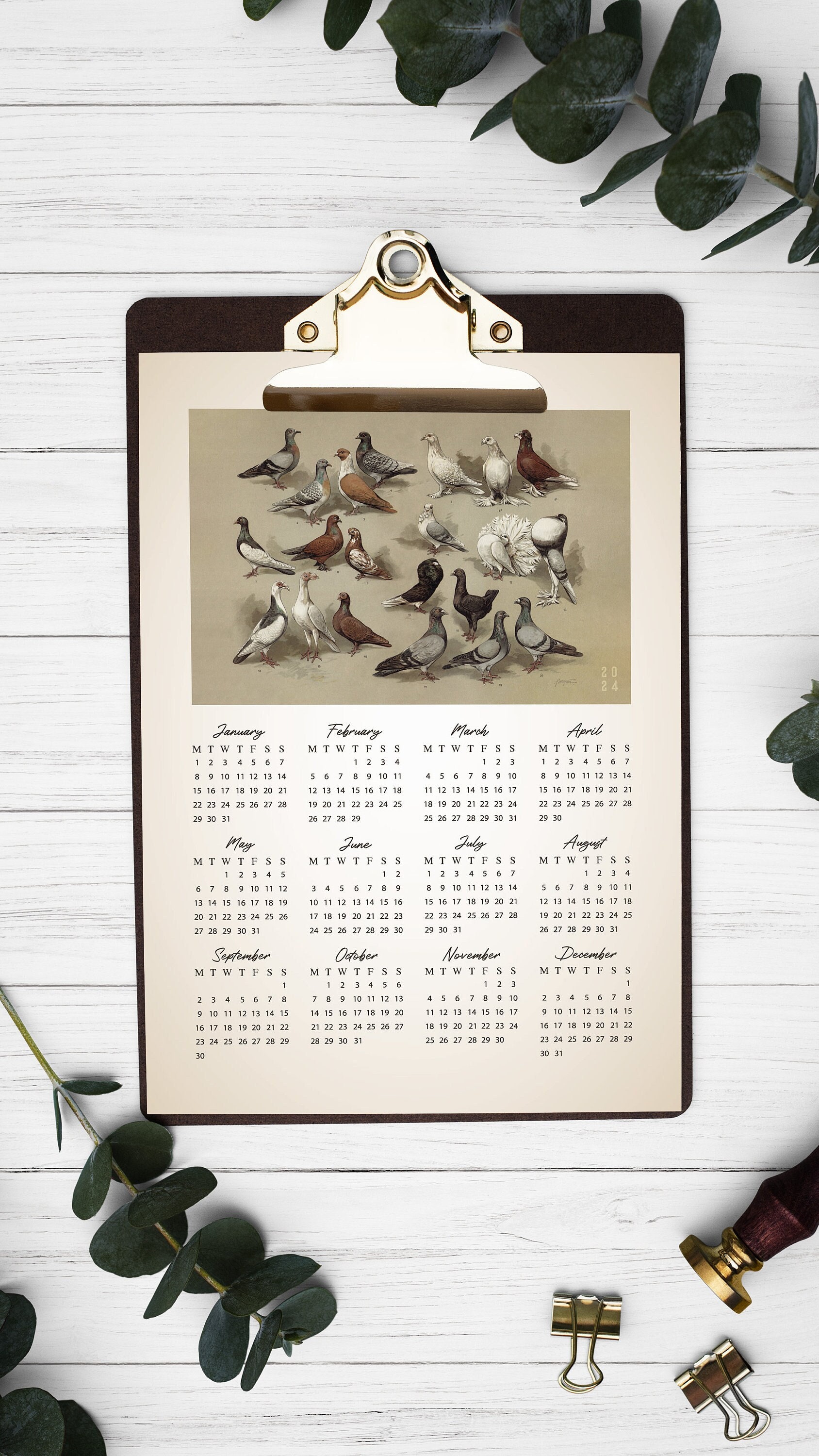 Year-at-a-glance Pigeon Art 2024 Wall Calendar. Vintage Desk Calendar ...