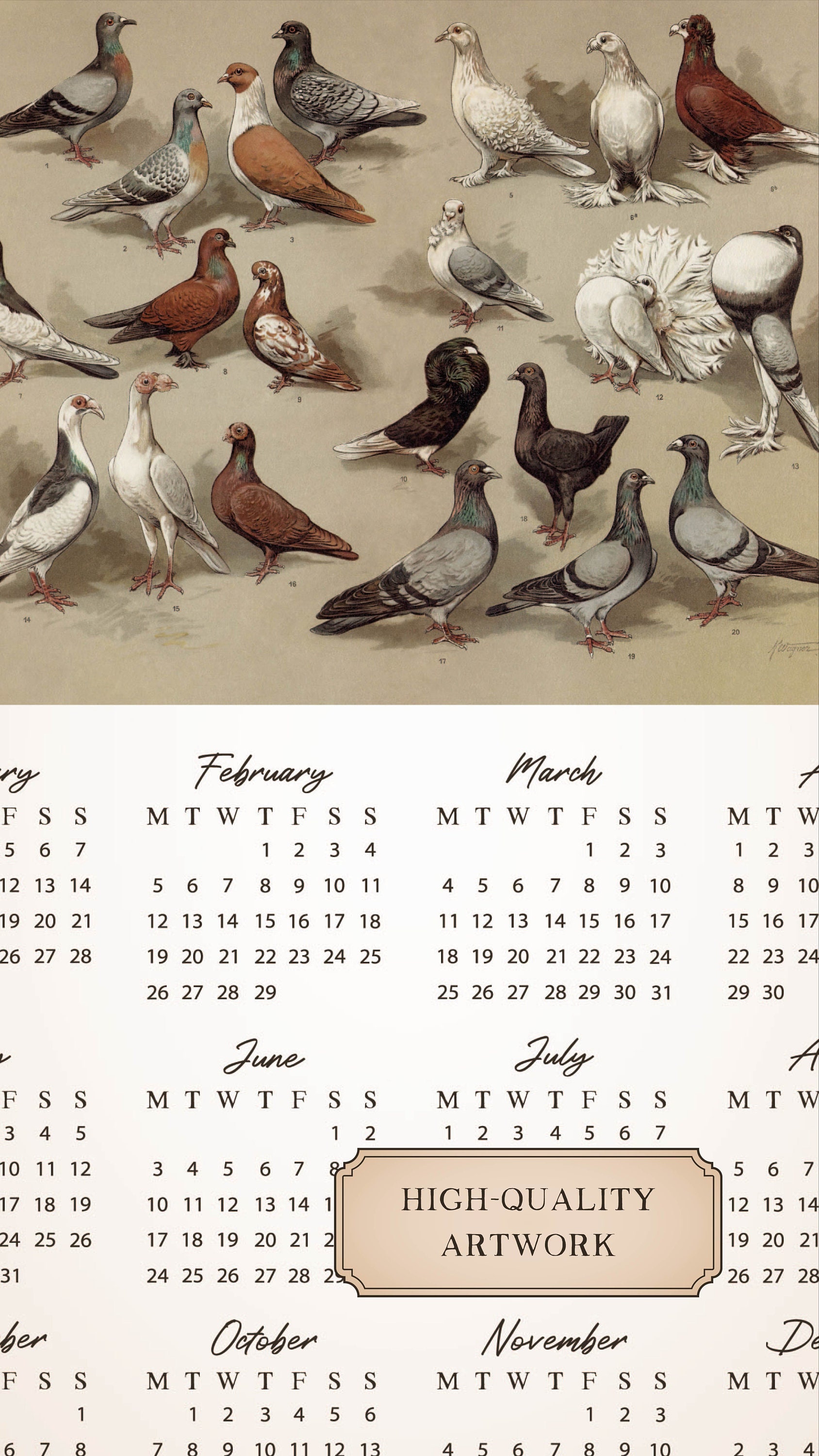 Year-at-a-glance Pigeon Art 2024 Wall Calendar. Vintage Desk Calendar ...