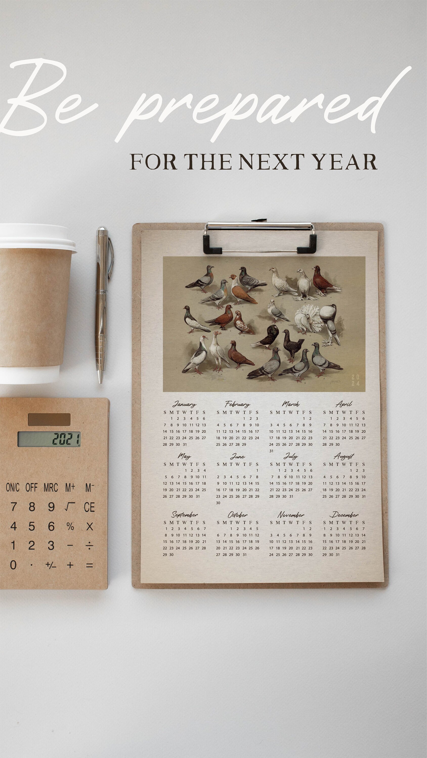 Year-at-a-glance Pigeon Art 2024 Wall Calendar. Vintage Desk Calendar ...