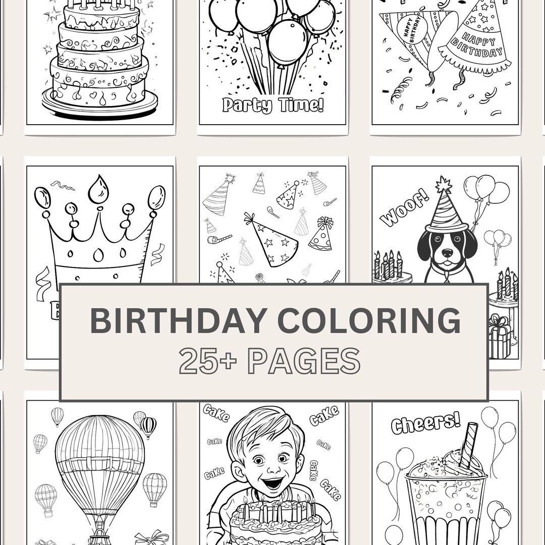 Birthday Digital Download Party Coloring Page Bundle for Kid Coloring ...