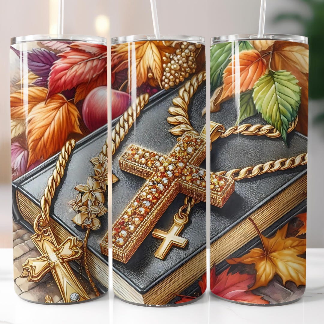 Cross, Bible, Faith, Religious, Autumn, Fall Leaves, 20oz Skinny ...