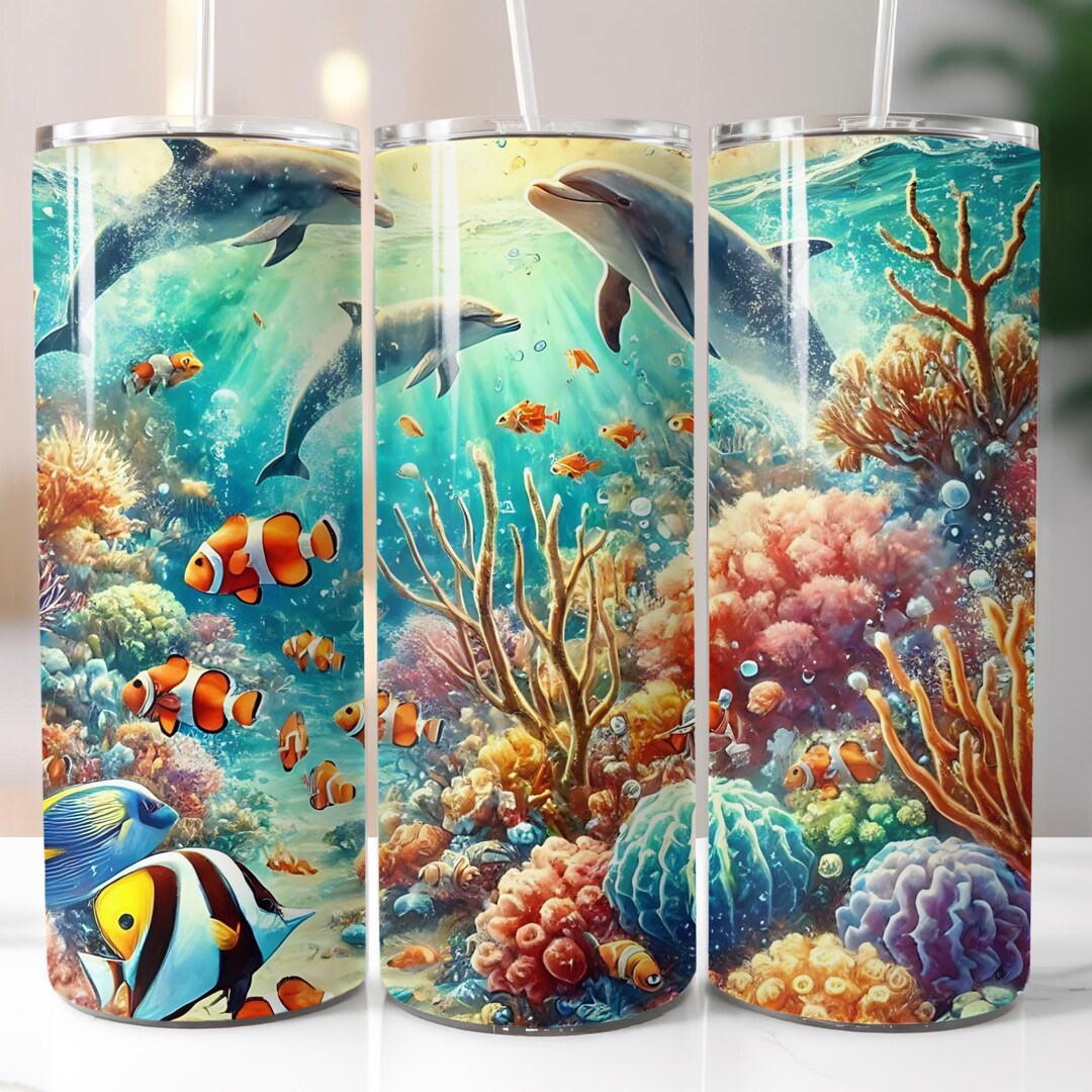 Dolphin, Sea Life, Ocean, Coral, 20oz Skinny Tumbler Sublimation Design ...