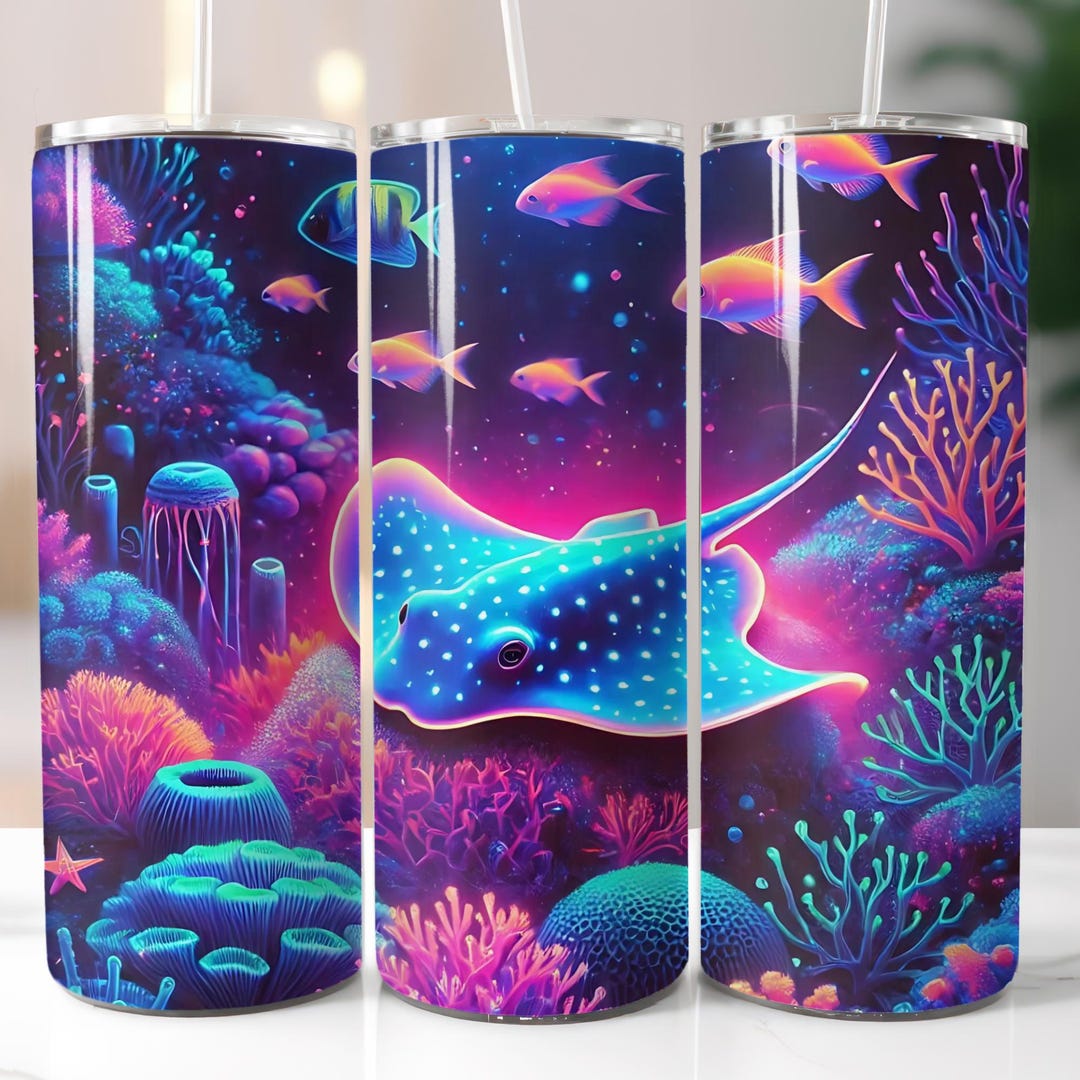Neon Stingray, Sea Life, Ocean, Coral, 20oz Skinny Tumbler Sublimation ...