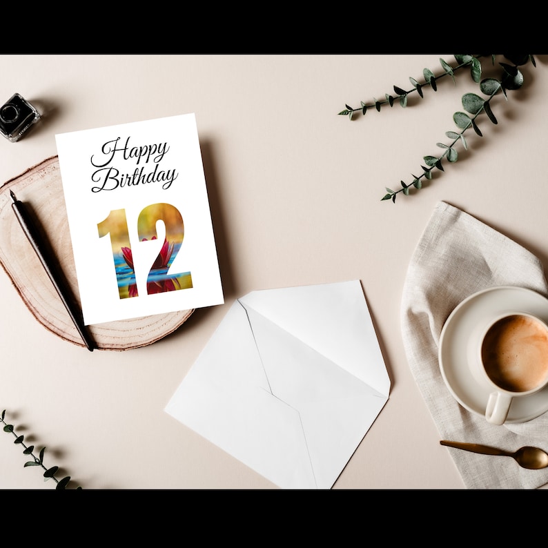 12th Birthday Card DIGITAL DOWNLOAD Printable Water Lily Floral 12 ...