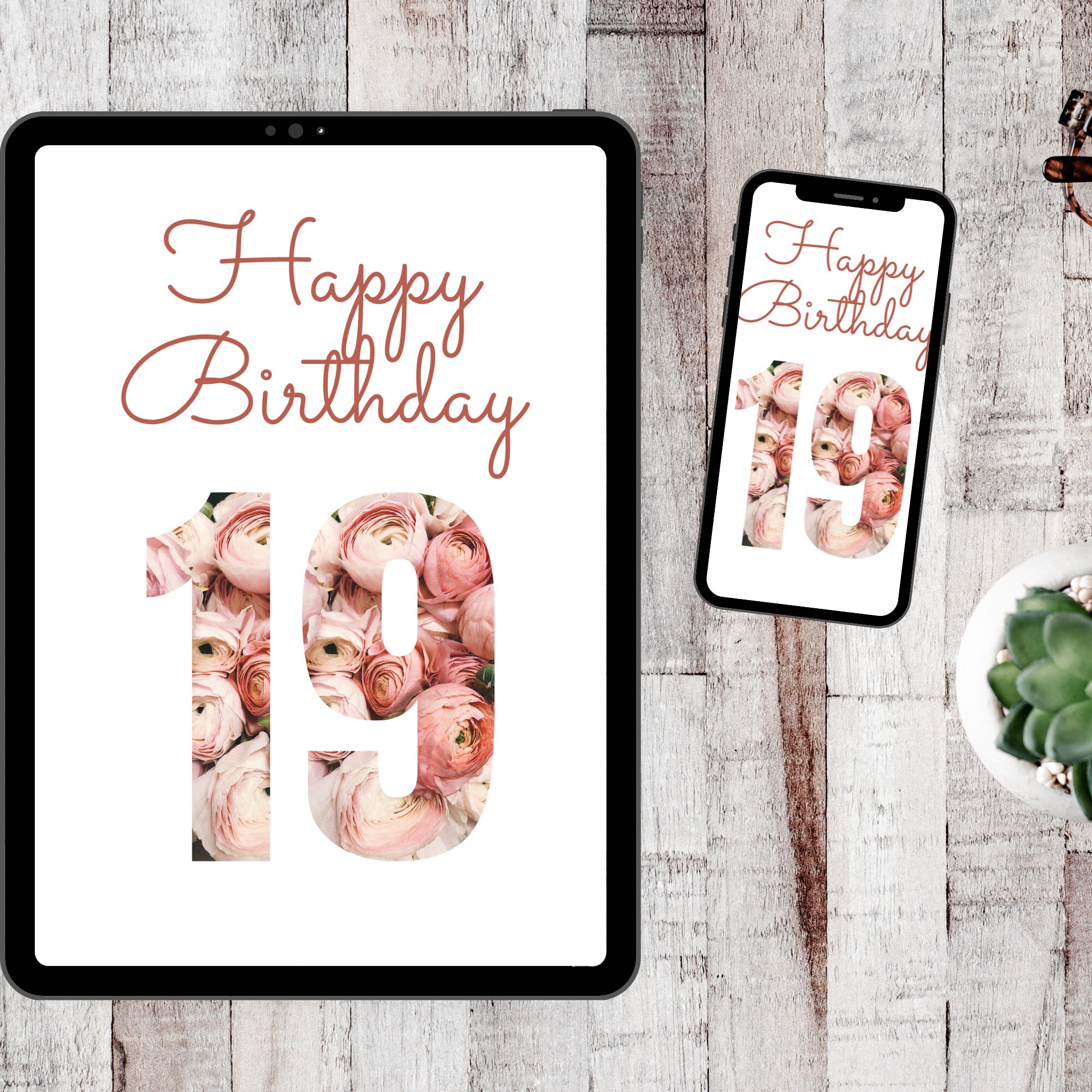 19th Birthday Card DIGITAL DOWNLOAD Printable Pink Peonies Floral ...