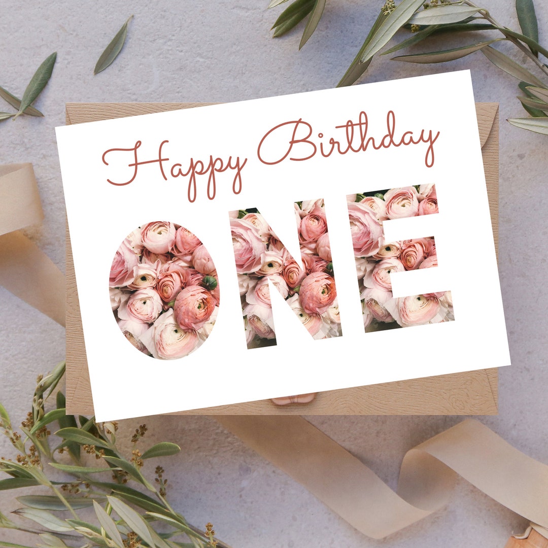 1st Birthday Card DIGITAL DOWNLOAD Printable Pink Peonies Floral One ...