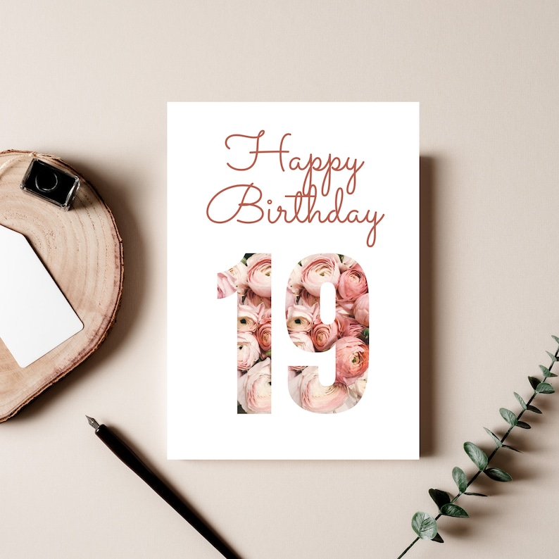 19th Birthday Card DIGITAL DOWNLOAD Printable Pink Peonies Floral ...