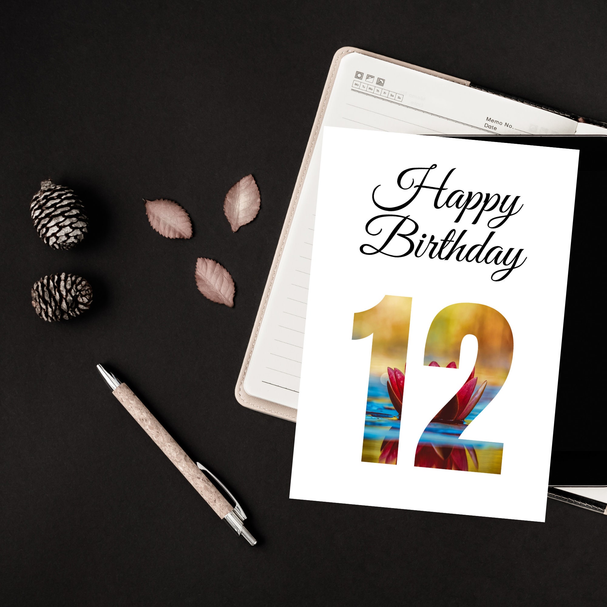 12th Birthday Card DIGITAL DOWNLOAD Printable Water Lily Floral 12 ...