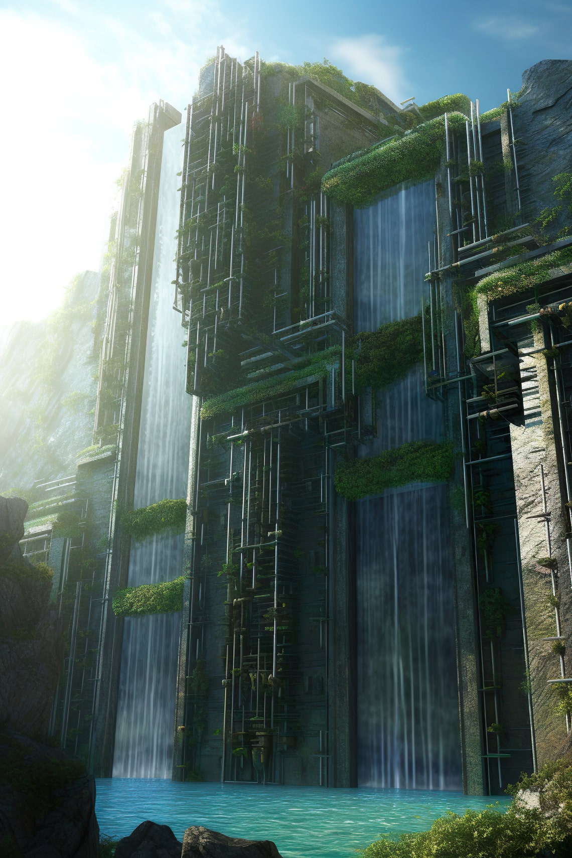 Solarpunk Cliffside Waterfall Cityscapes - Etsy