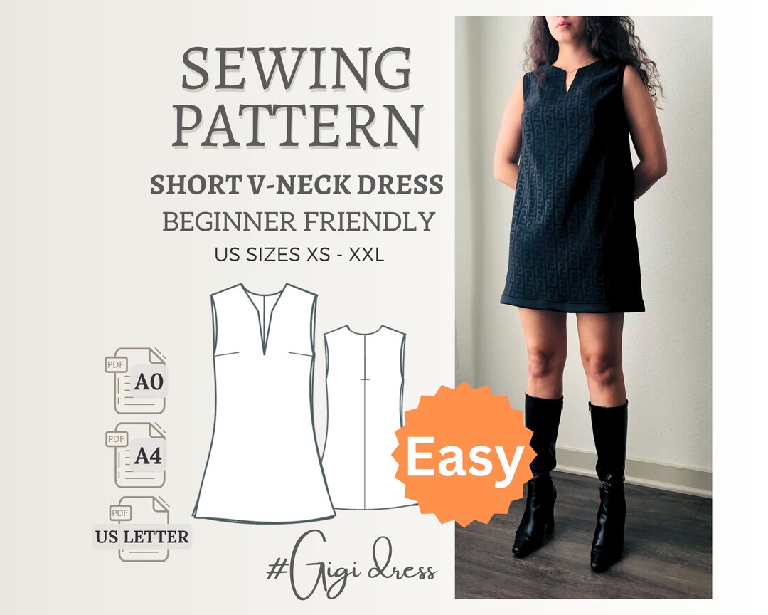 Notched Neckline Dress Sewing Pattern Elegant Short V-neck Dress PDF ...