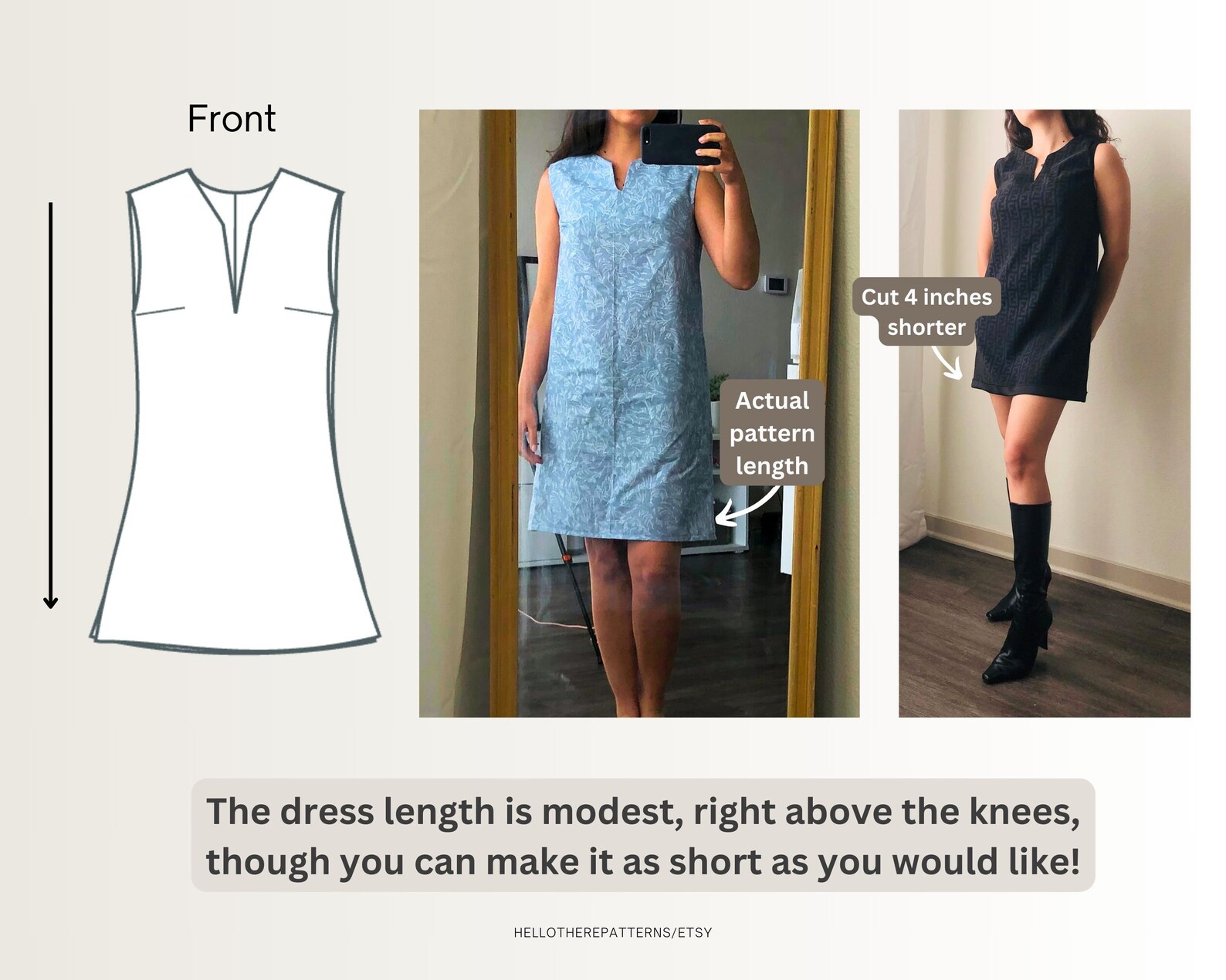 Notched Neckline Dress Sewing Pattern Elegant Short V-neck Dress PDF ...