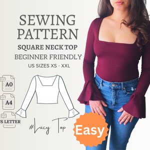 Easy Flared Bell Sleeve Top Sewing Pattern Square Neckline Long Sleeve ...