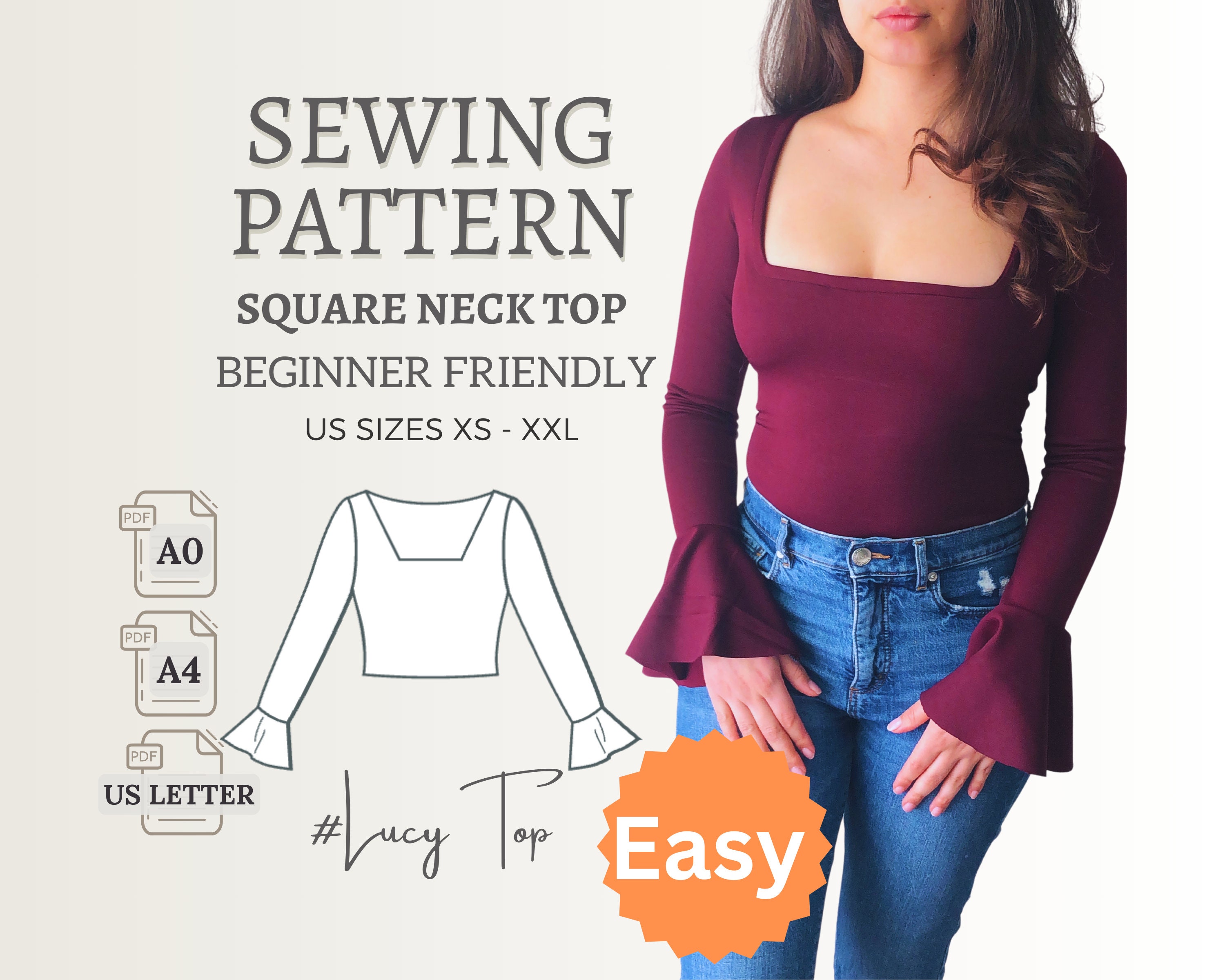 Easy Flared Bell Sleeve Top Sewing Pattern Square Neckline Long Sleeve ...