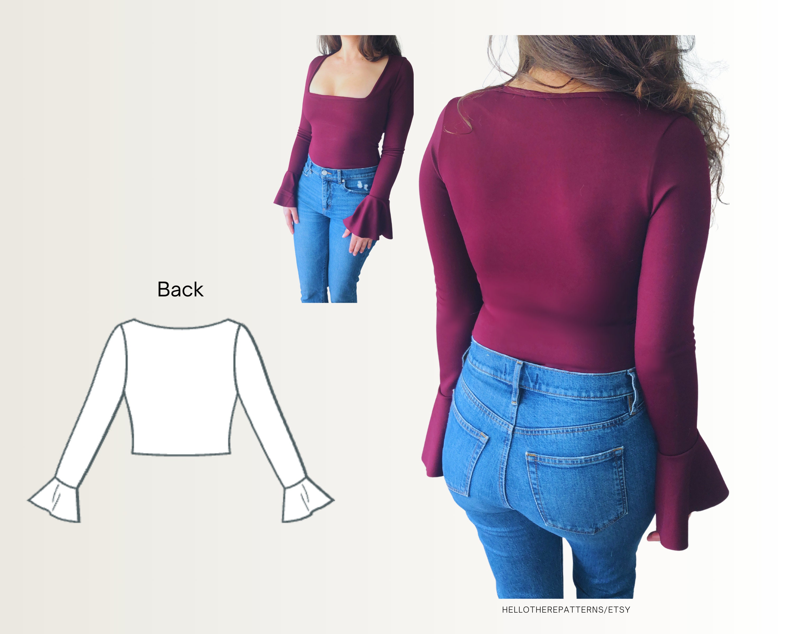 Easy Flared Bell Sleeve Top Sewing Pattern Square Neckline Long Sleeve ...