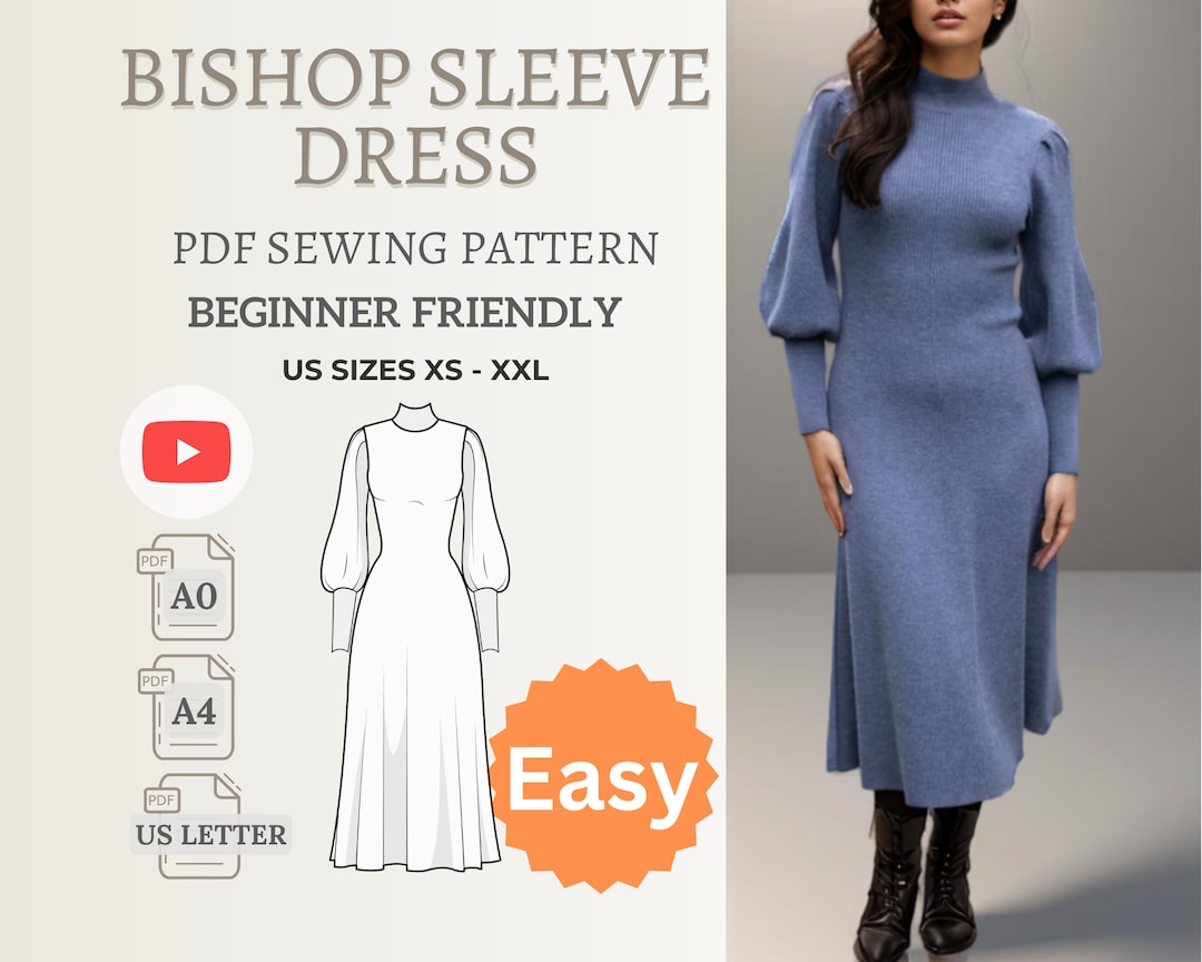Easy Modest Mock Neck Dress Digital PDF Sewing Pattern US Size XS Xxl ...