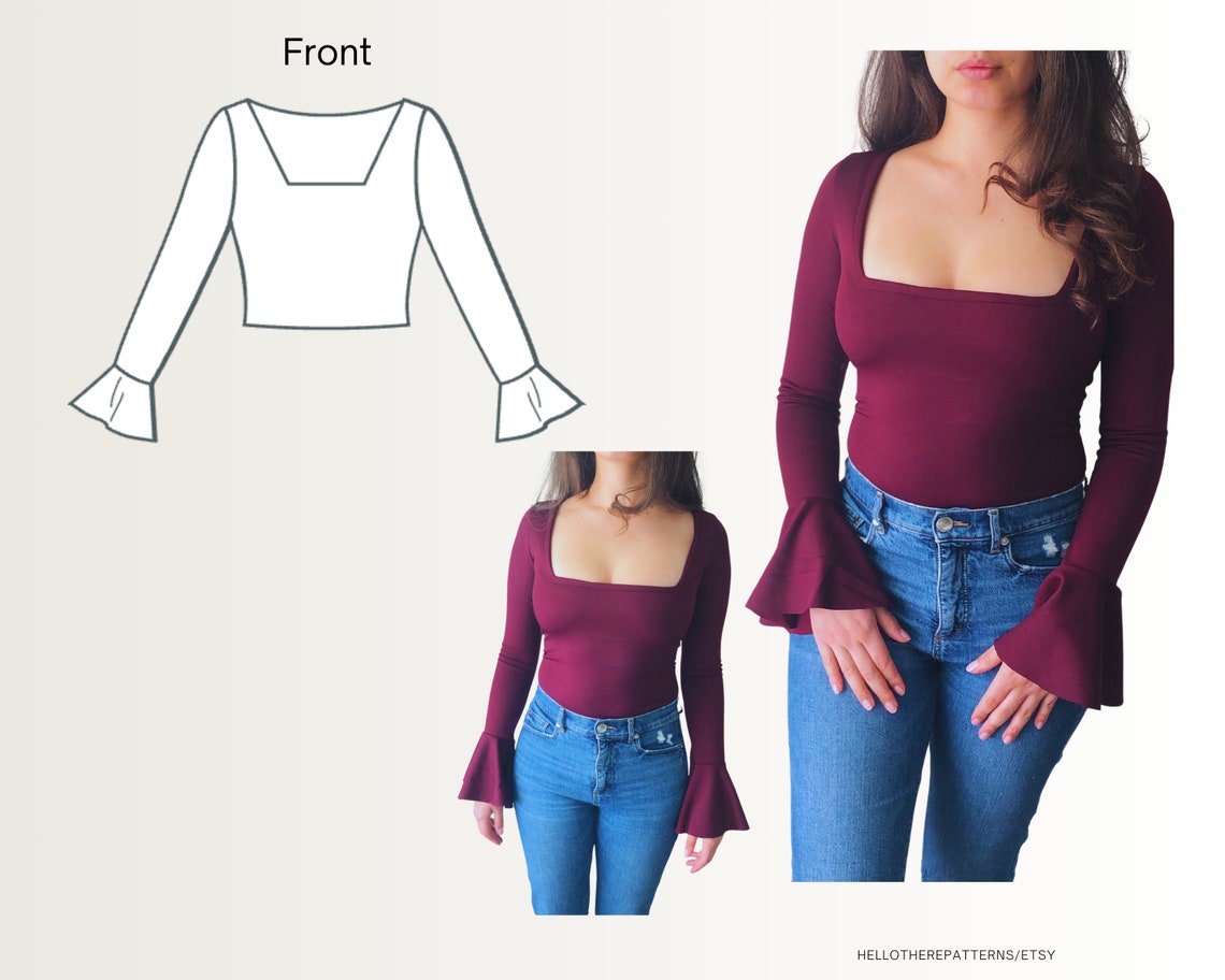Easy Flared Bell Sleeve Top Sewing Pattern Square Neckline Long Sleeve ...