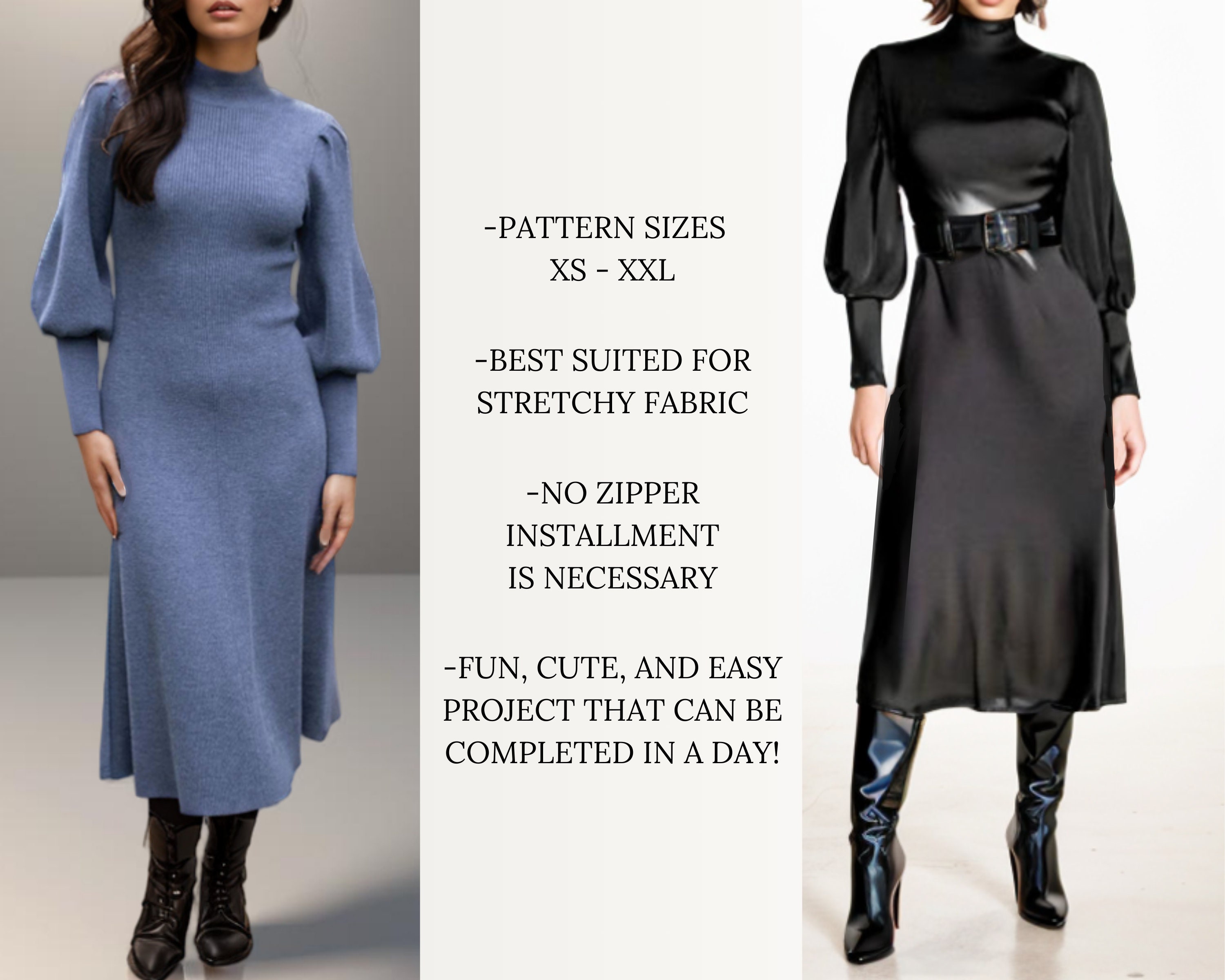 Easy Turtleneck Dress Sewing Pattern for Beginners (Instant Download ...