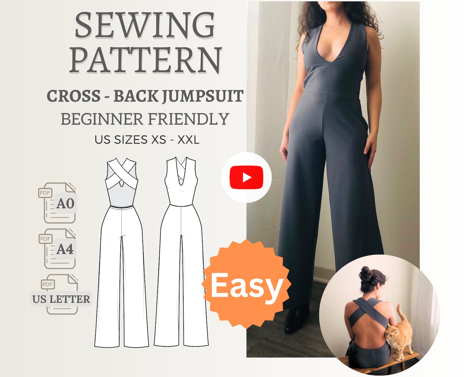 Open Back Women Jumpsuit PDF Easy Sewing Pattern 6 Sizes XS - 2XL ...
