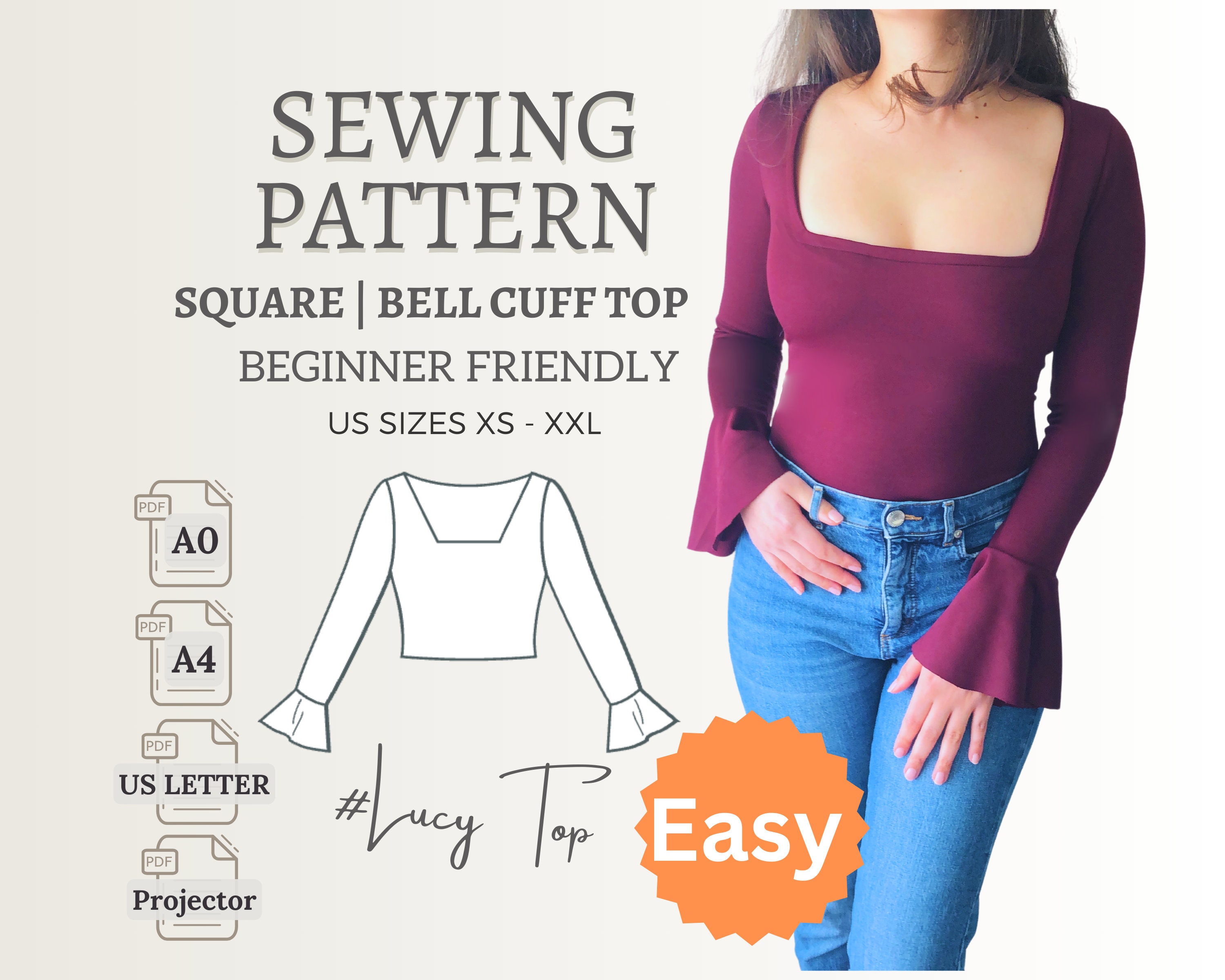 Easy Flared Bell Sleeve Top Sewing Pattern Square Neckline Long Sleeve ...