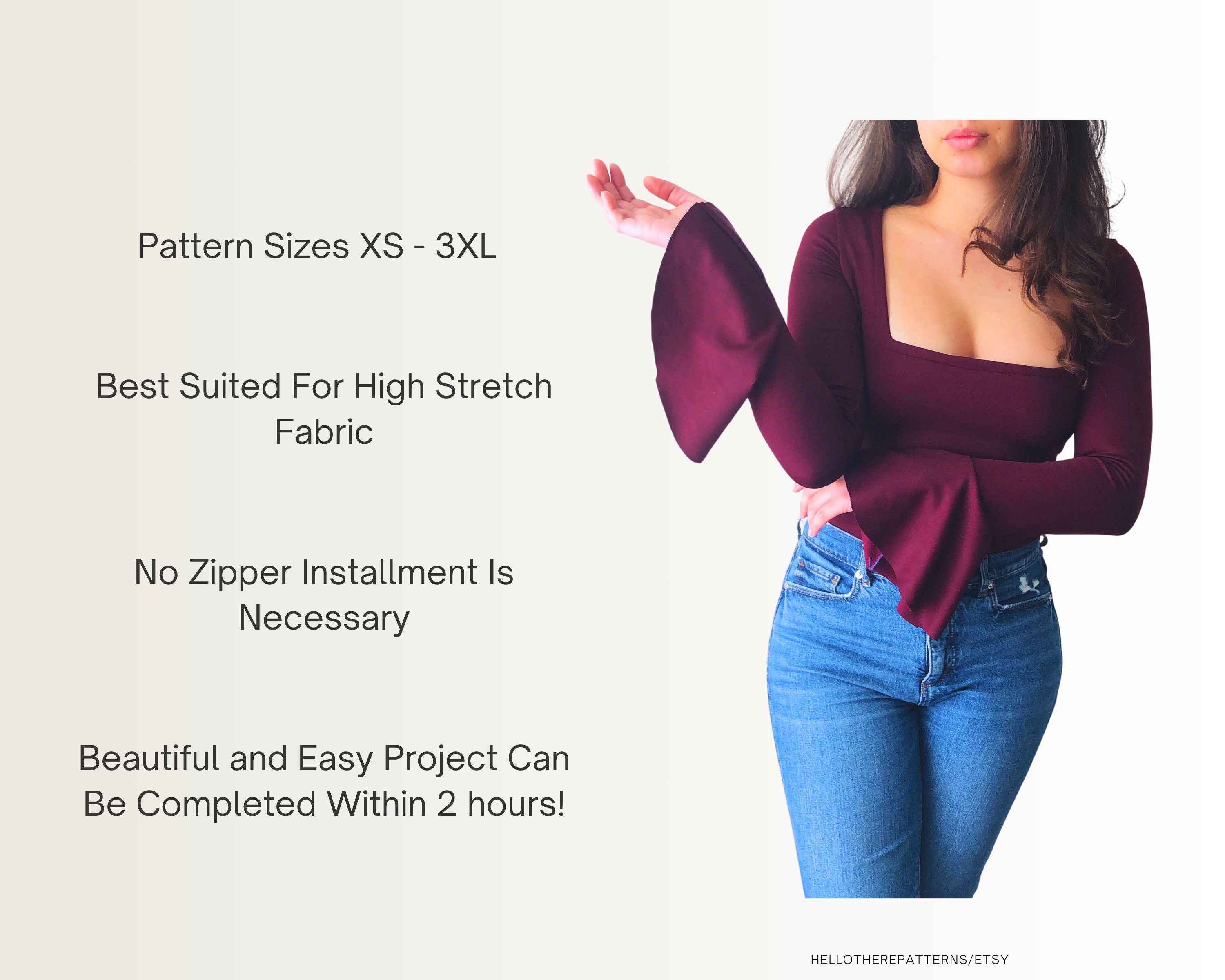 Easy Flared Bell Sleeve Top Sewing Pattern Square Neckline Long Sleeve ...