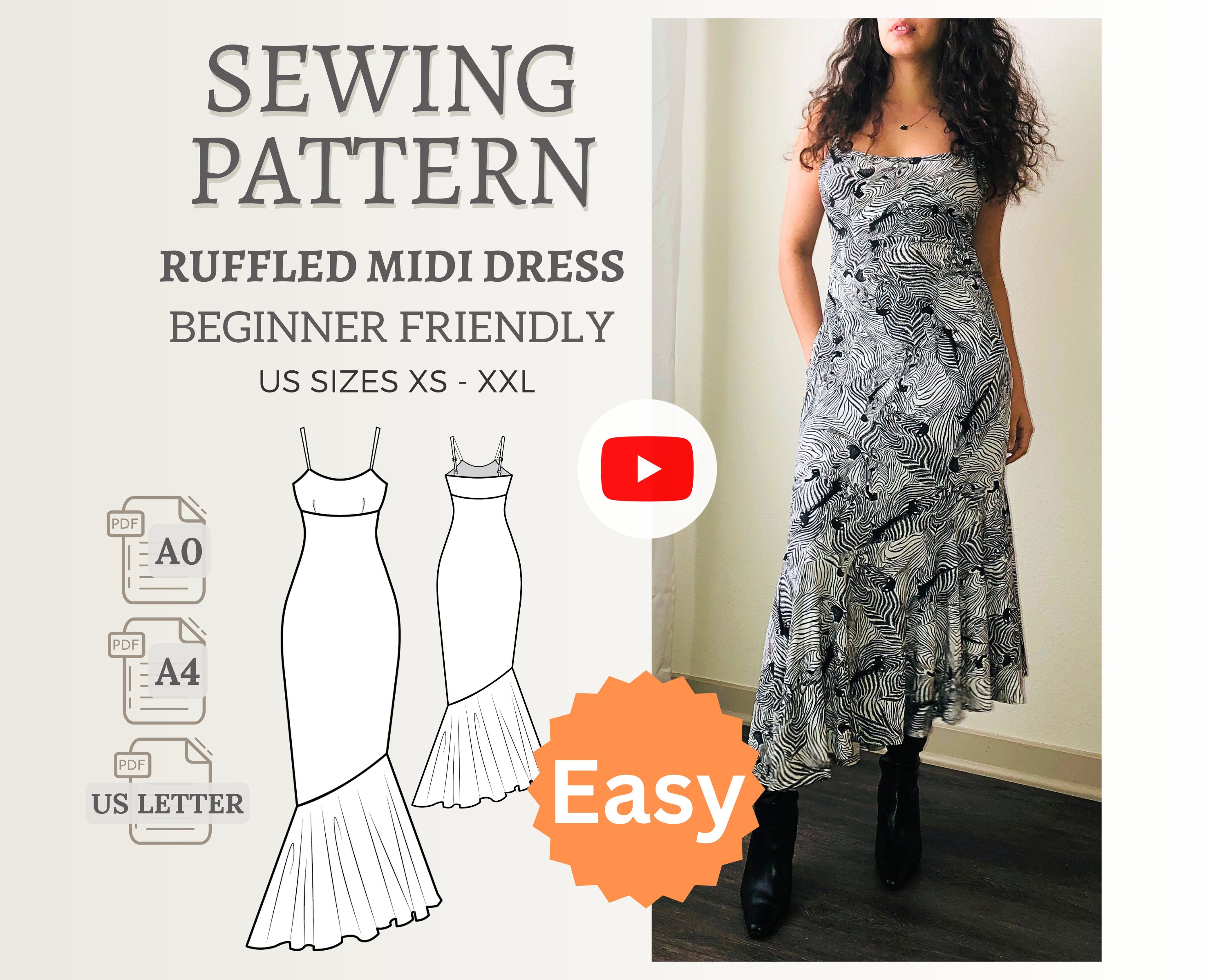 Flowy Asymmetrical Gown Sewing Pattern Ruffle Midi Dress Instant ...