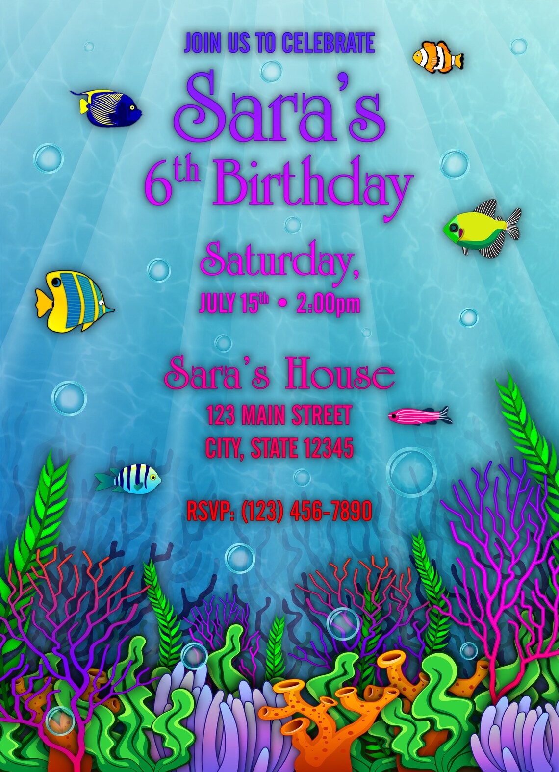 Underwater Birthday Invitation, Ocean Birthday Party, Tropical Fish ...