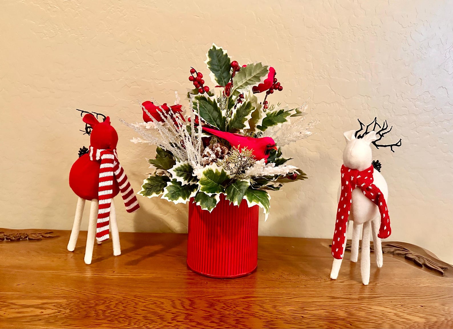 Cardinal Centerpiece, Frosted Berry Pine; Variegated Holly; Table ...