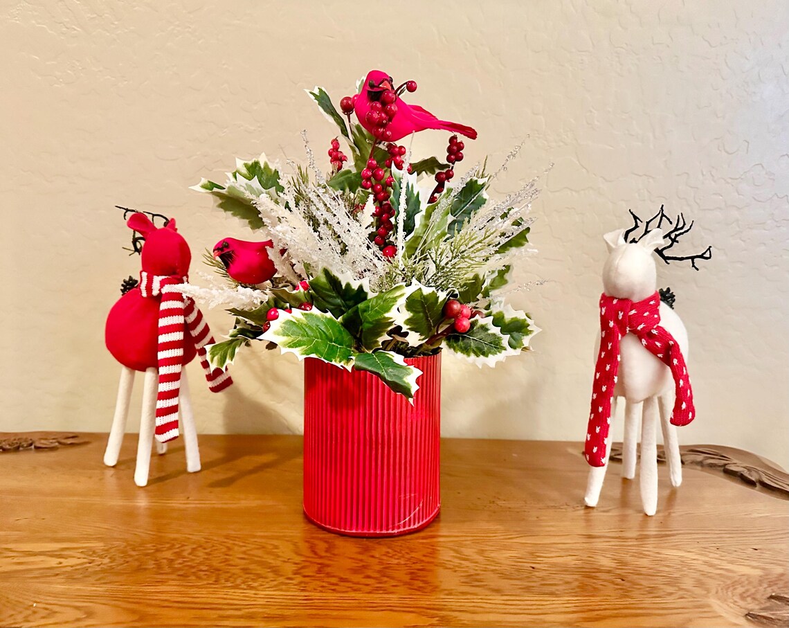 Cardinal Centerpiece, Frosted Berry Pine; Variegated Holly; Table ...