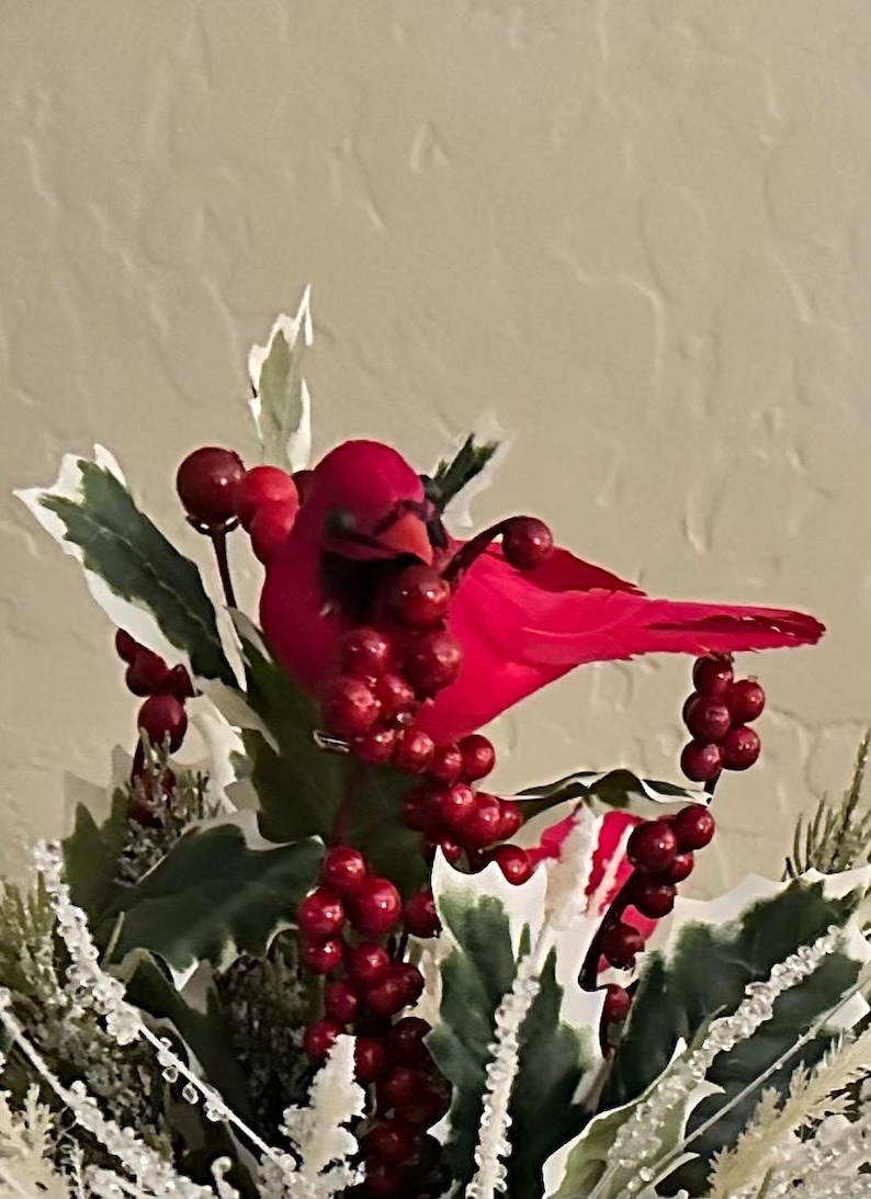 Cardinal Centerpiece, Frosted Berry Pine; Variegated Holly; Table ...