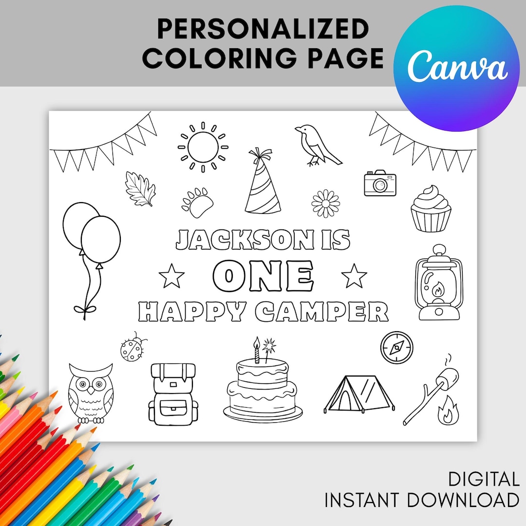Personalized One Happy Camper Coloring Page | First Birthday Party ...