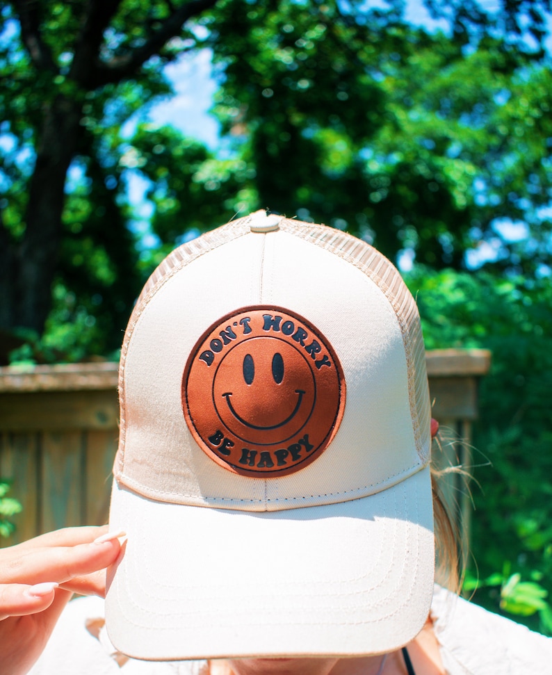 Women Trucker Hat, Smiley Face Hat, Don't Worry Be Happy Poinytail Ball ...