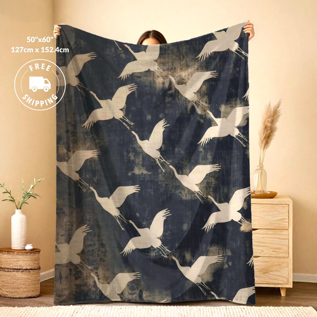 Crane Art Throw Blanket Japanese Inspired Velveteen Plush Blanket Dark ...