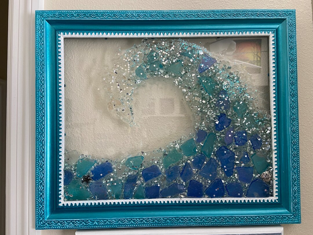 Turquoise Vintage Frame With Sea Glass and Resin Curling Wave - Etsy