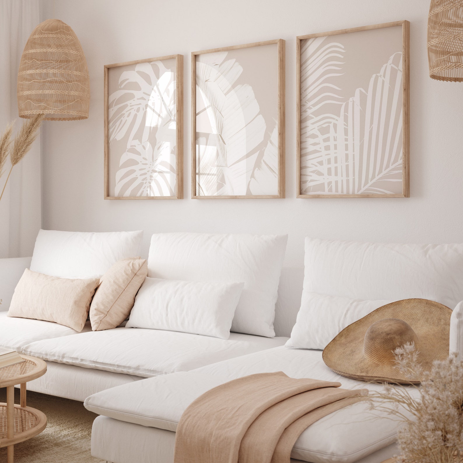 Set of 3 Wall Art Beige Wall Art Tropical Leaves Printable Wall Art ...