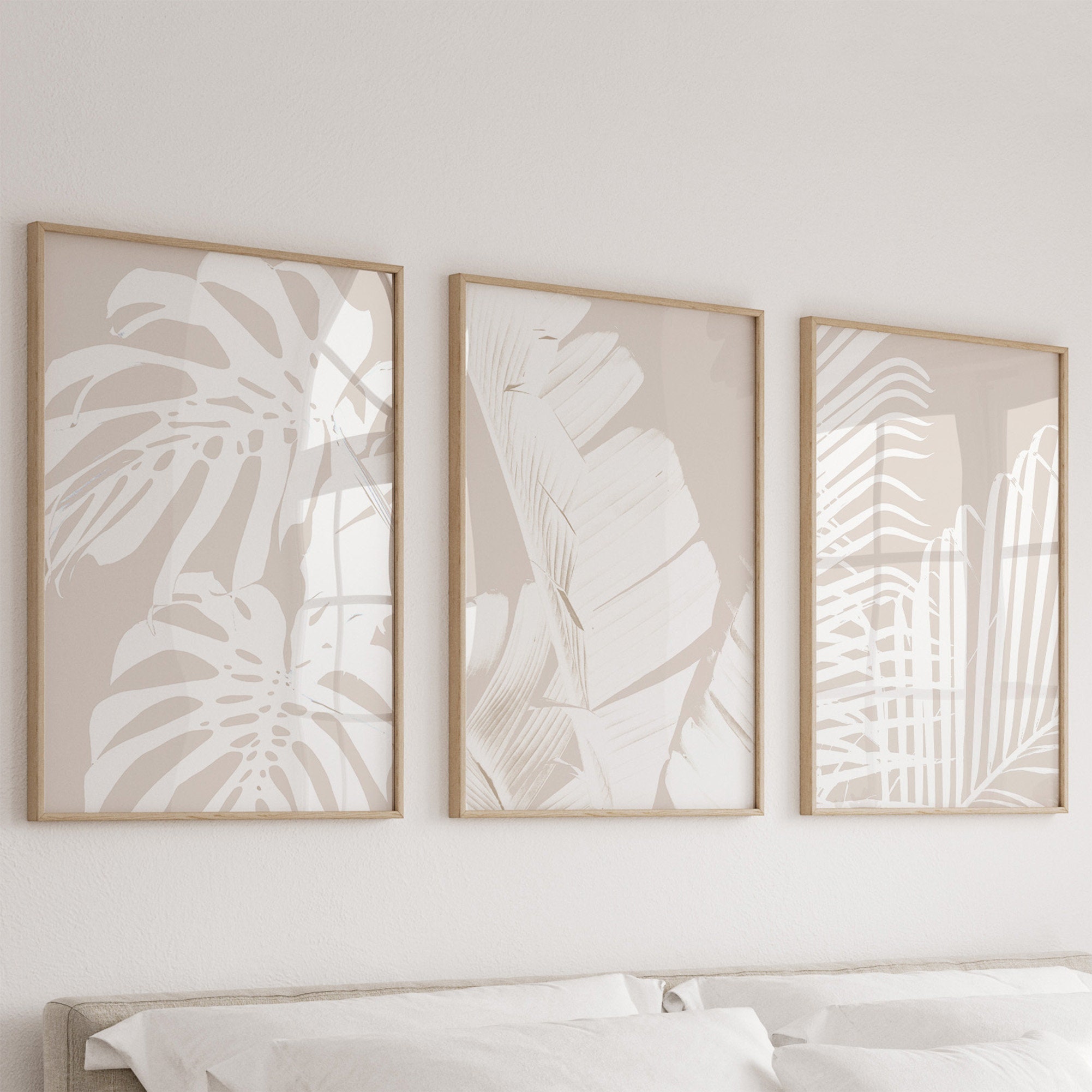 Set of 3 Wall Art Beige Wall Art Tropical Leaves Printable Wall Art ...