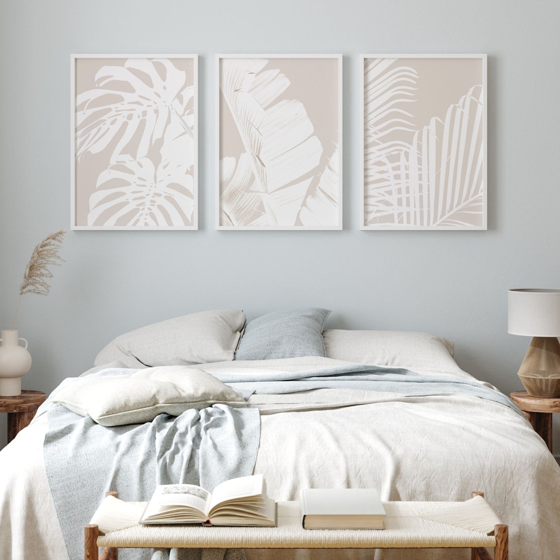 Set of 3 Wall Art Beige Wall Art Tropical Leaves Printable Wall Art ...