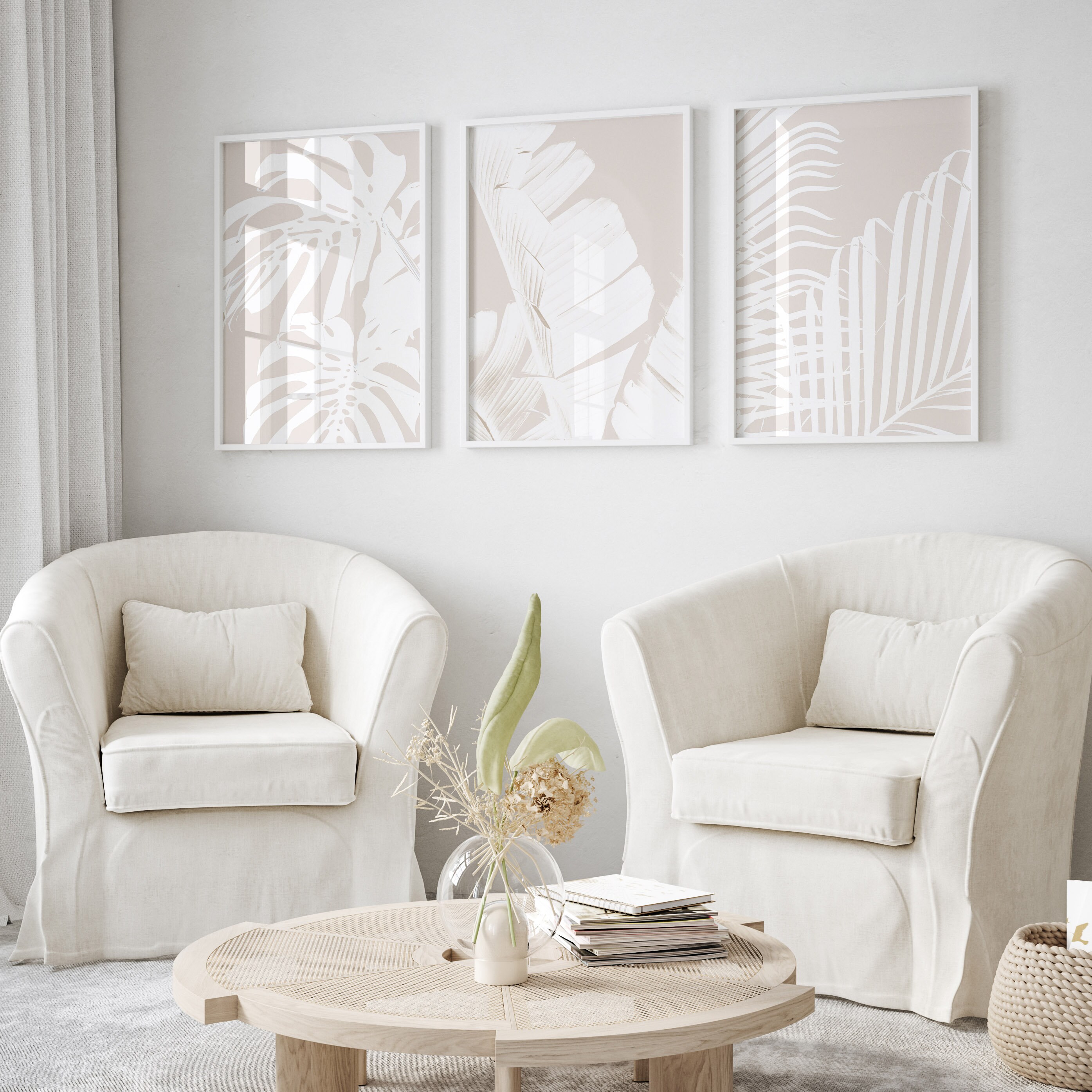 Set of 3 Wall Art Beige Wall Art Tropical Leaves Printable Wall Art ...