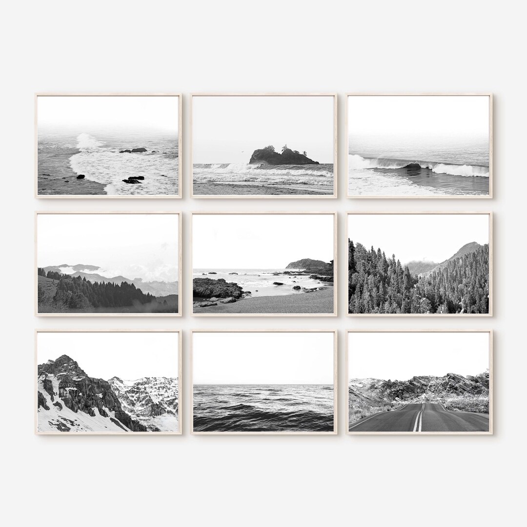 Set of 9 Black White Wall Art, Horizontal Prints, Landscape Print ...