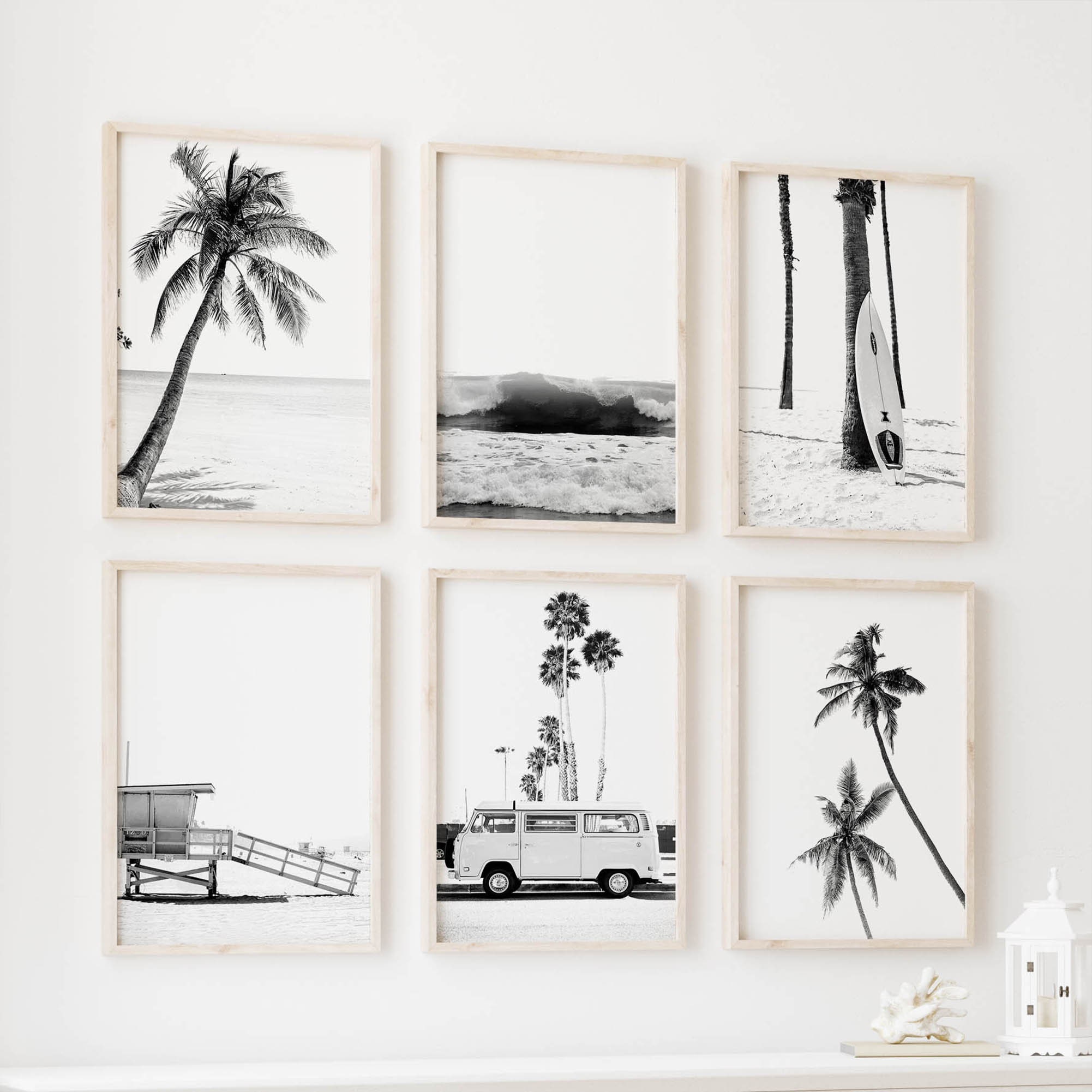 Set of 6 Beach Prints Black and White Beach Wall Art Prints Palm Prints ...
